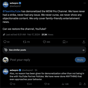 WDW Pro Demonetized On YouTube With No Content Flagged