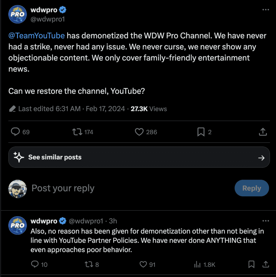 WDW Pro Demonetized On YouTube With No Content Flagged